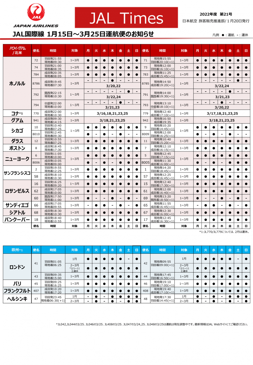 JAL TIMES 【JAL国際線 1/15～3/25 運航便のお知らせ】第21号（1月増刊号） | 日本橋夢屋